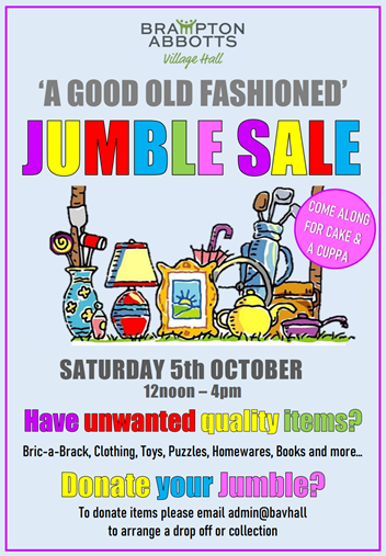 Saturday 5th October - A Good Old Fashioned JUMBLE SALE 12noon to 4pm